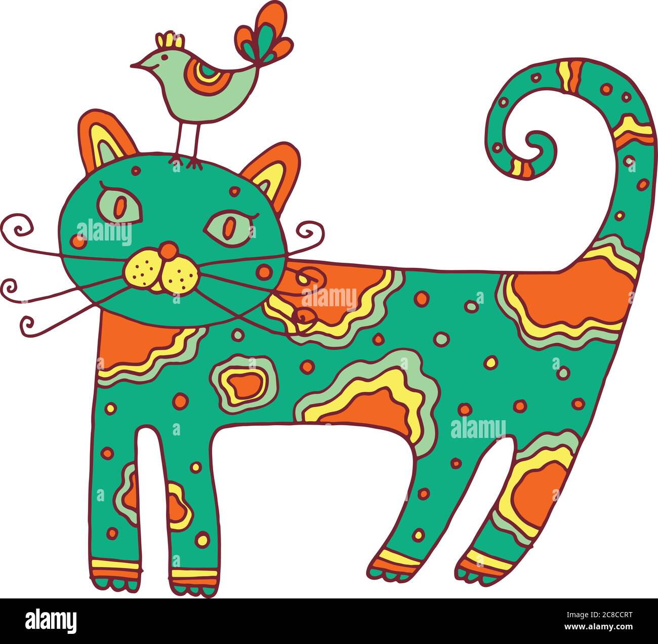 Kid s drawn cat with bird. Isolated doodle cartoon sketch line a Stock ...