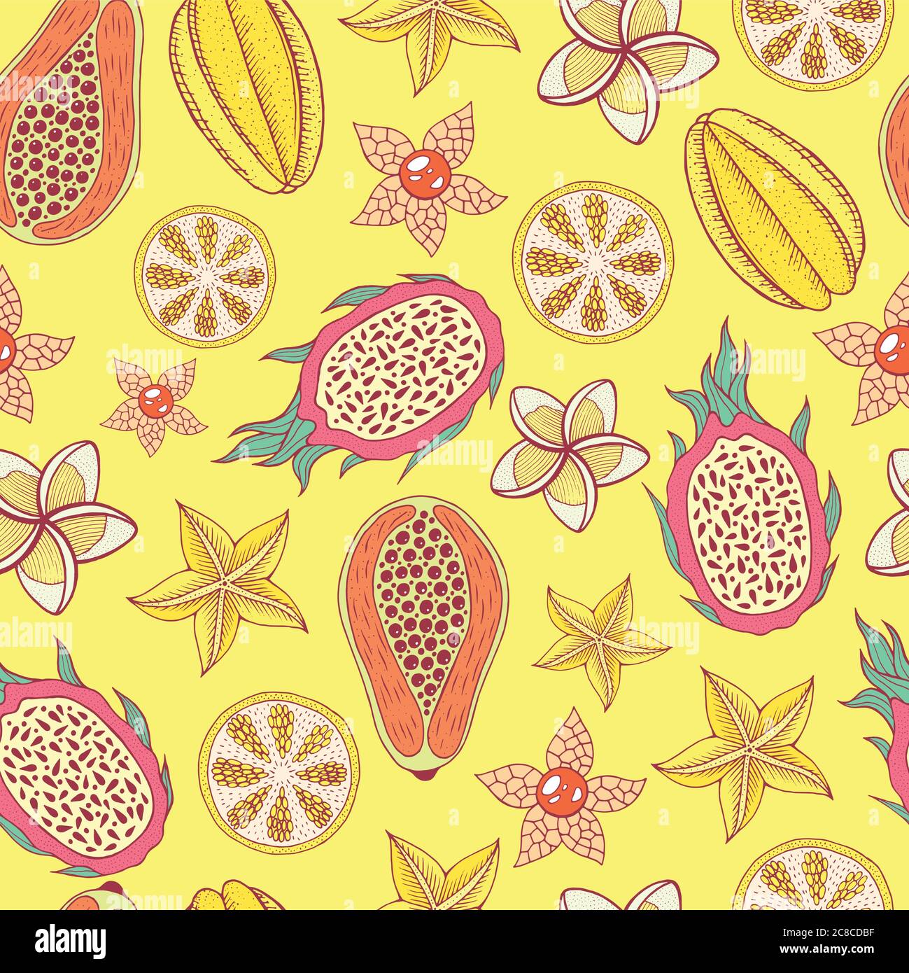 Tropical fruit seamless pattern with yellow background. Colorful Stock ...