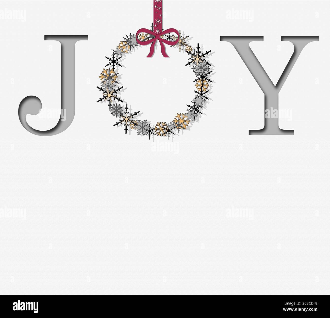 Christmas background with greeting wreath made of snowflakes, word JOY ...