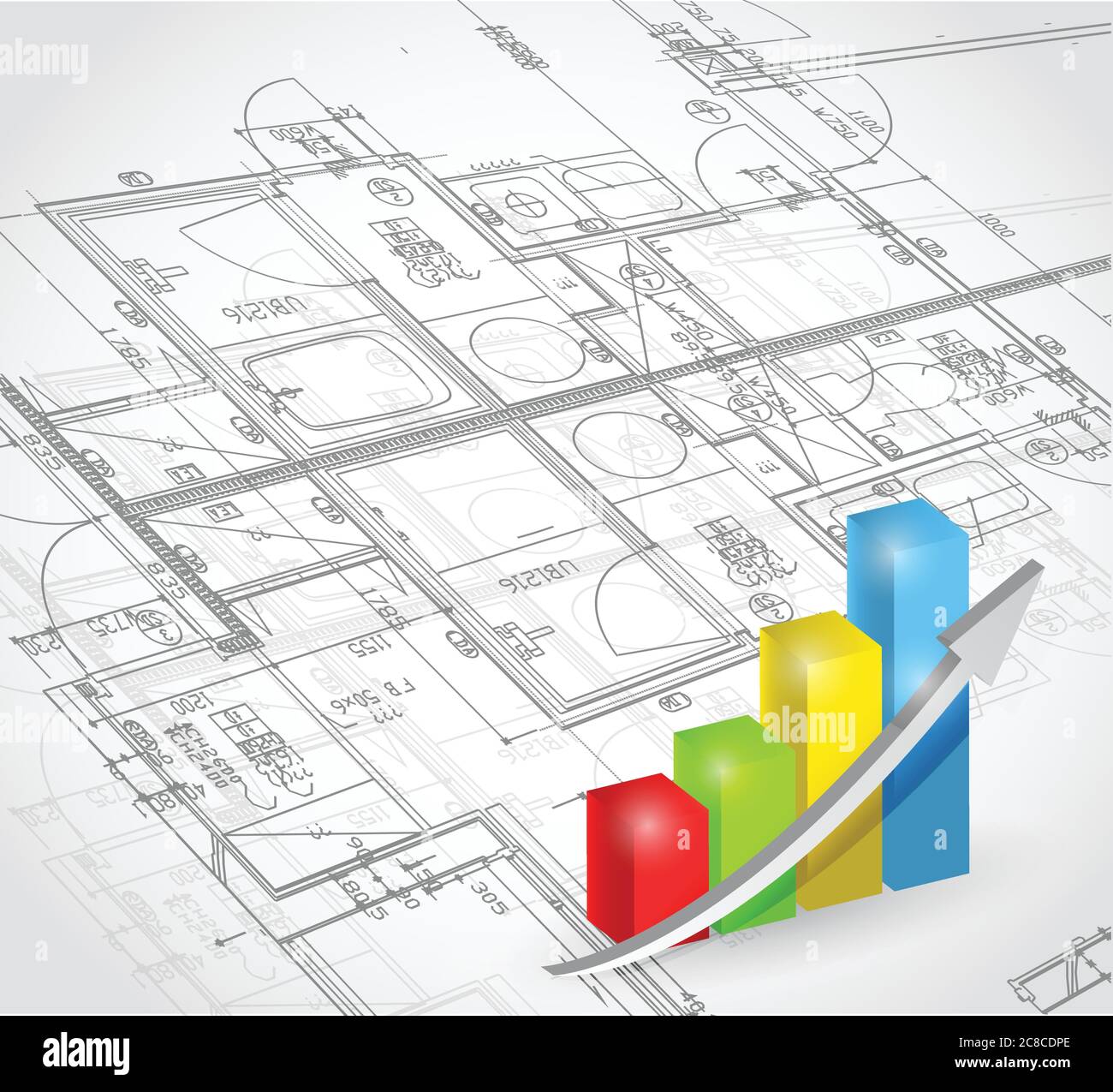 Blueprint and business graph illustration design over a white ...
