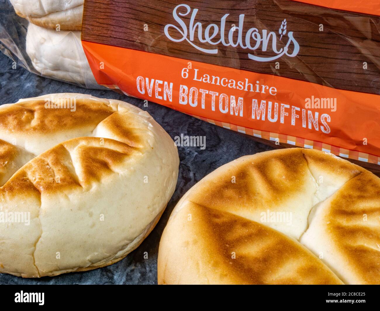 Closeup of Sheldon’s Lancashire oven bottom muffins – a retail packet ...