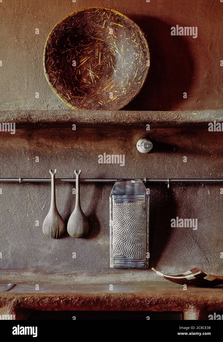 Dining room, country style, counter and wall clay and straw Stock Photo ...