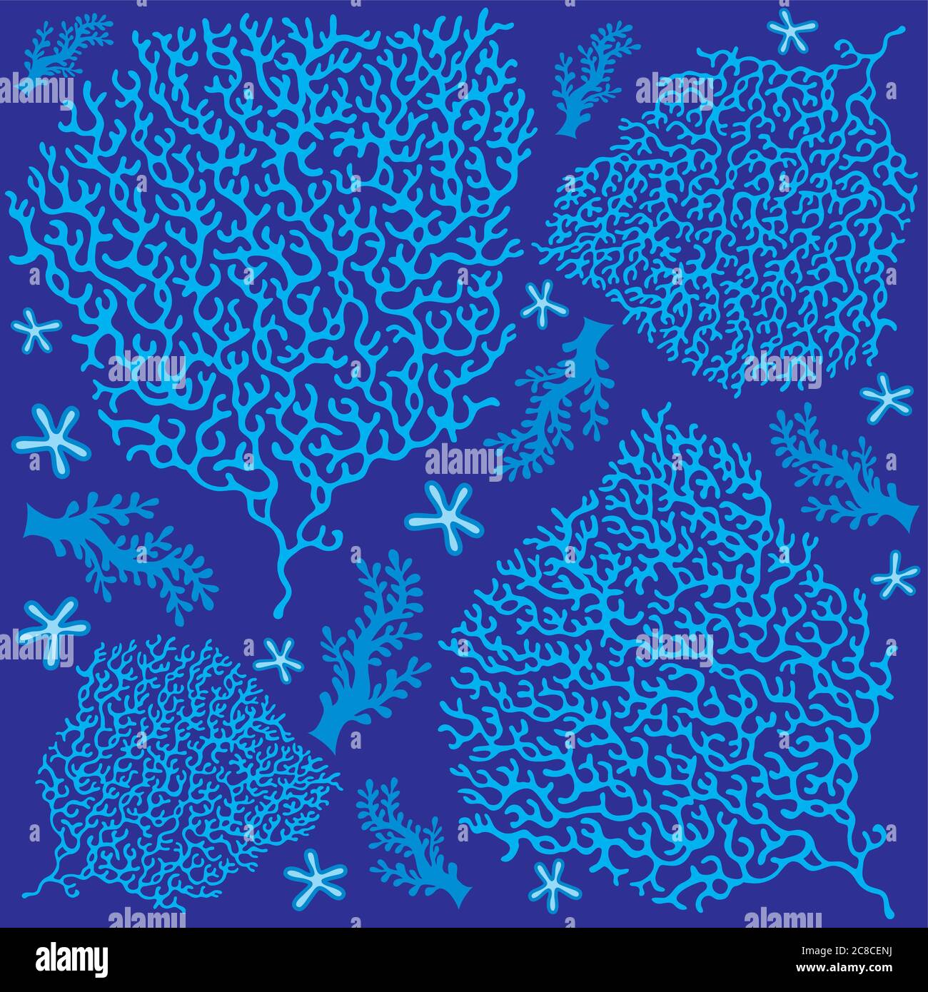 Coral Pattern in Blue Colors - Foliage and Stars Stock Vector Image ...