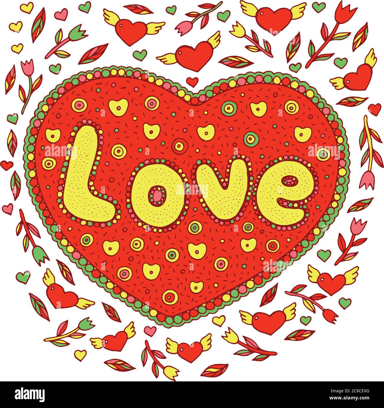 Doodle illustration with love word. Lettering cartoon art. Vecto Stock ...