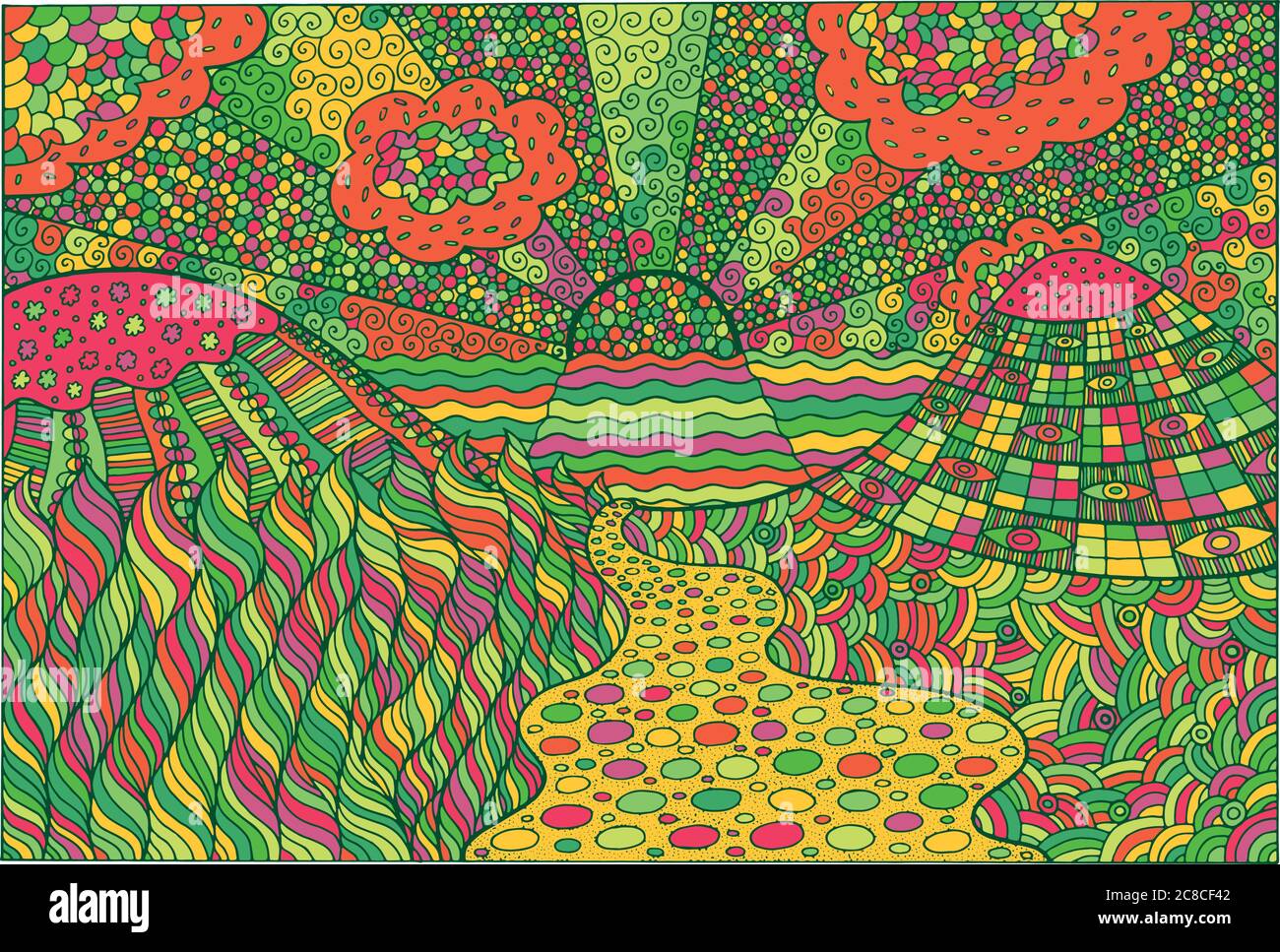 Doodle surreal landscape. Fantastic colorful psychedelic graphic Stock ...