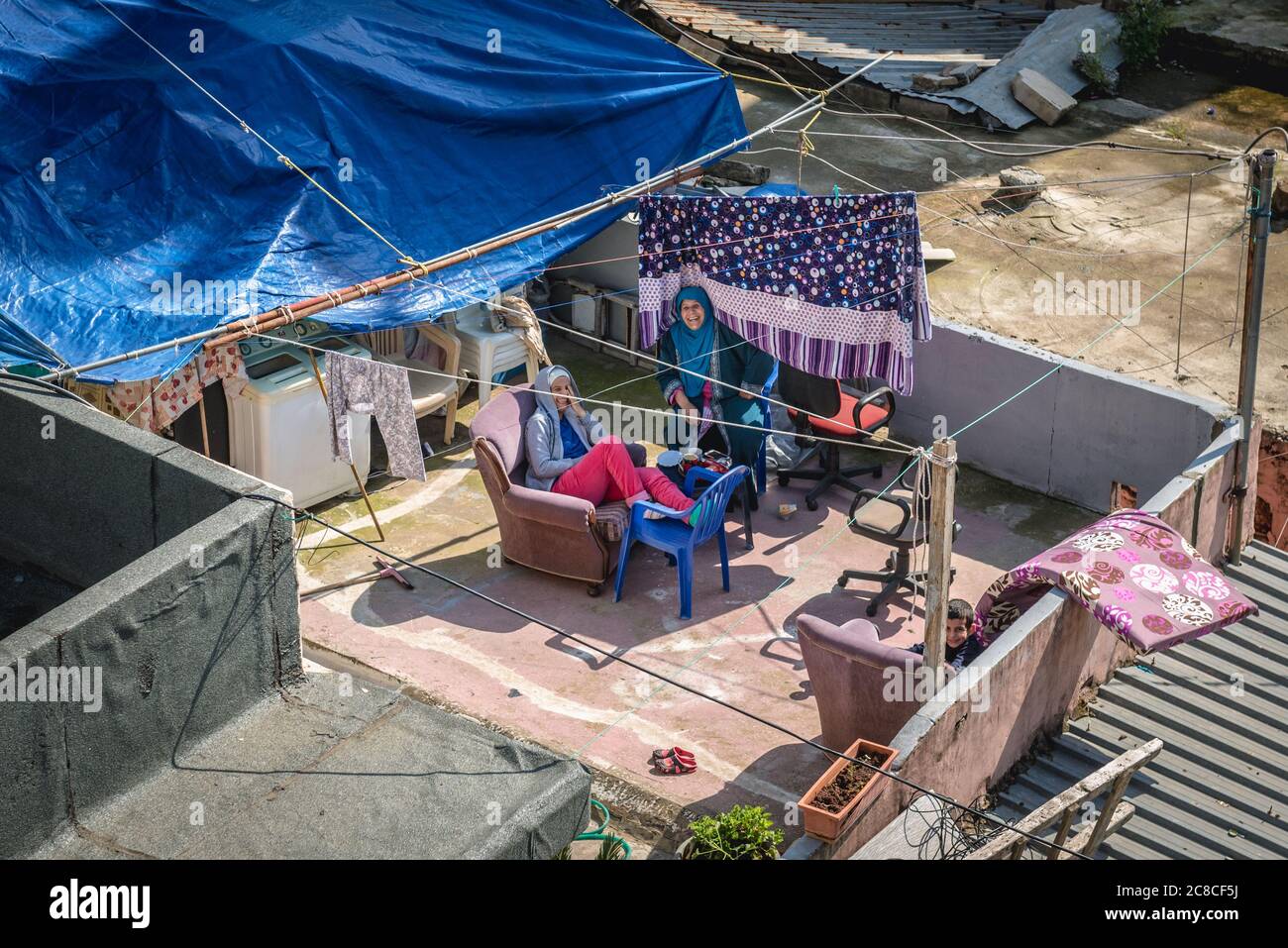 Women on a roof balcony in Sin el Fil suburb east of Beirut in Matn ...