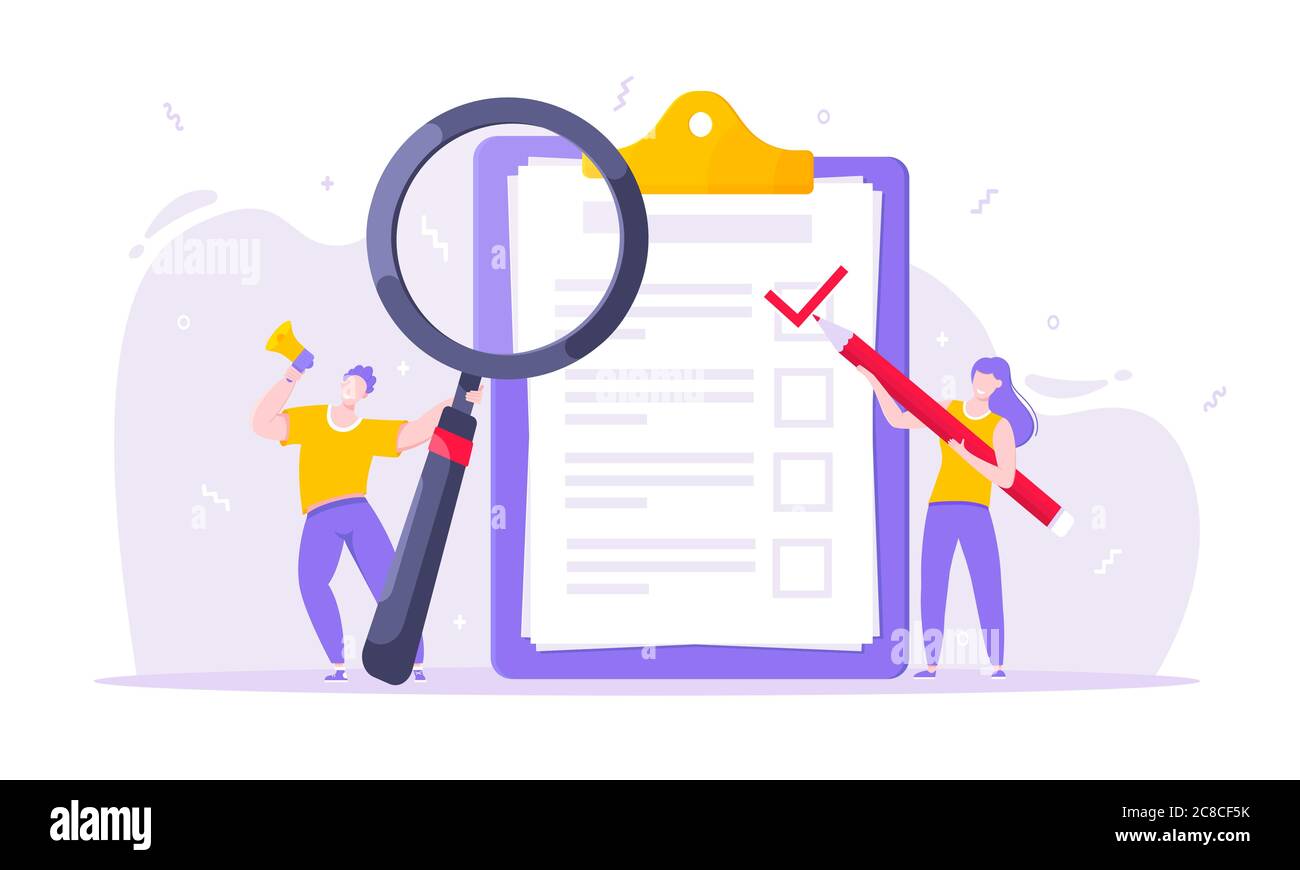 Task done business concept tiny people with megaphone, magnifying glass ...