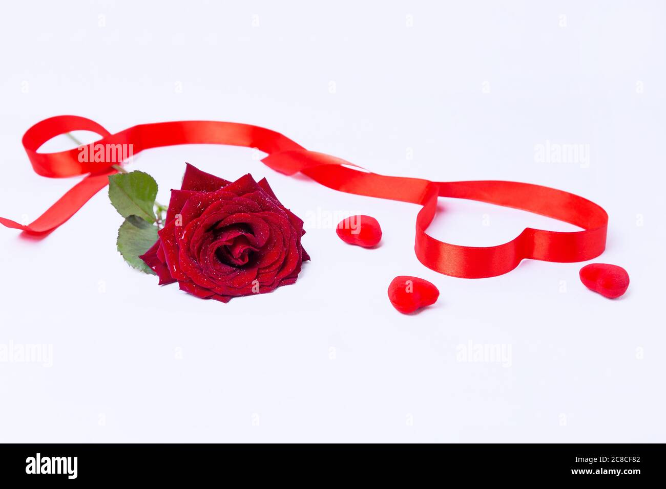 Red rose, ribbon and hearts on a white background. Valentine's Day ...