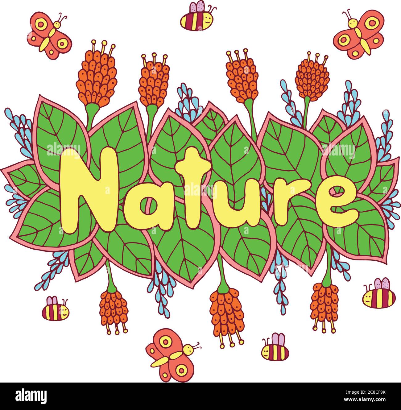 Nature word - colorful lettering art. Doodle cartoon artwork. Ve Stock ...