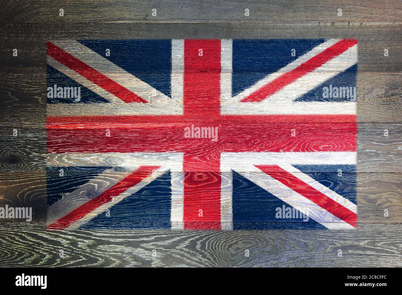 United Kingdon of Great Britain flag on rustic old wood surface ...
