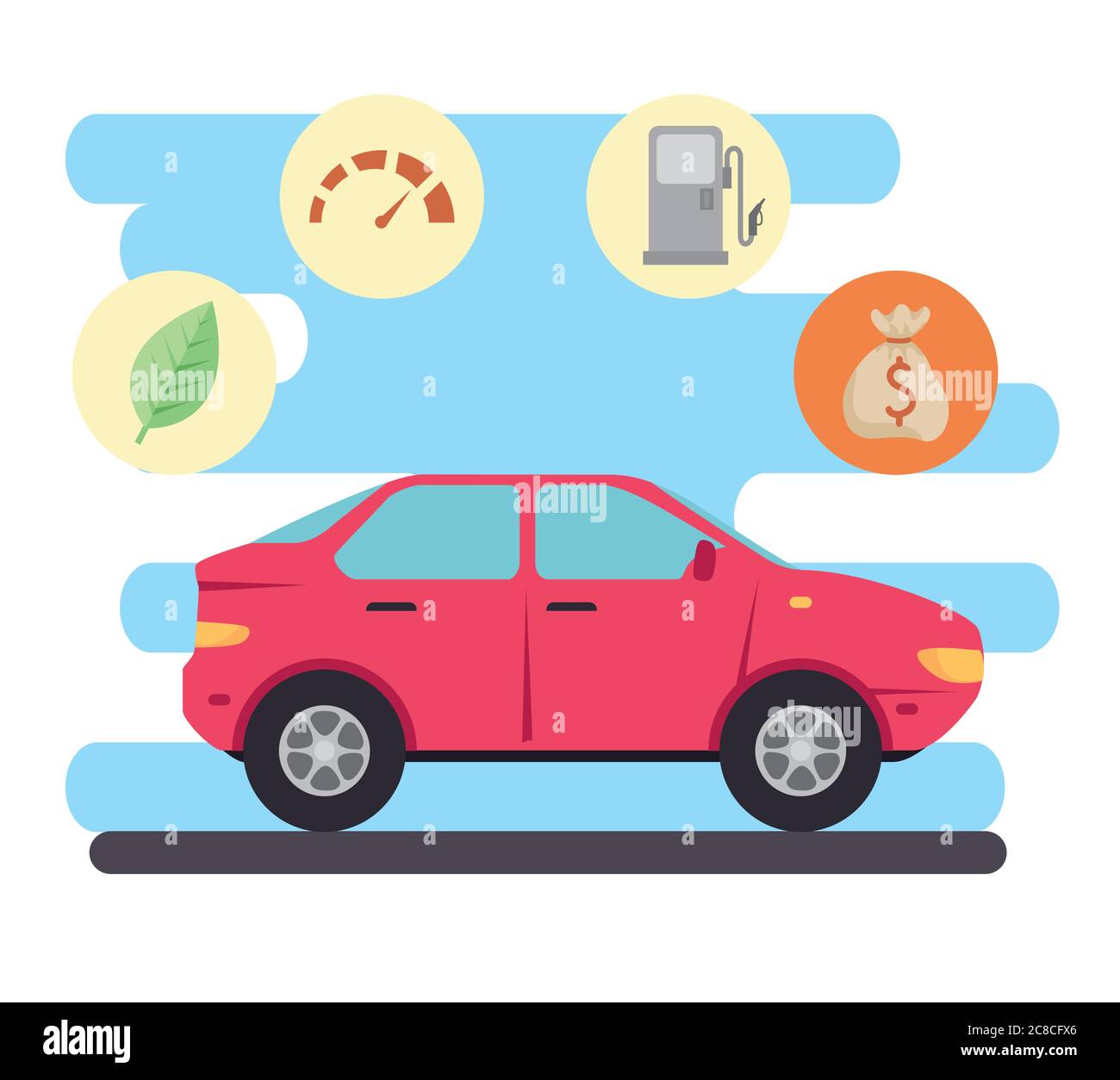 environmentally friendly concept, electric car, with benefit icons of ...