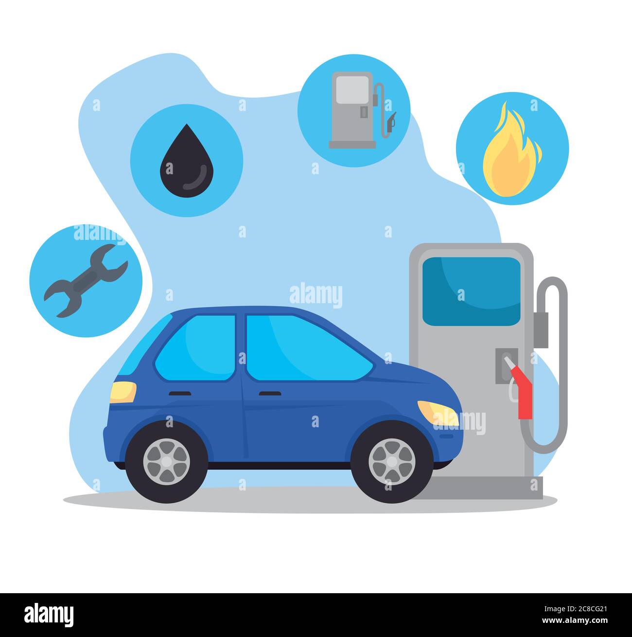 vehicle car sedan in fuel station with set icons oil fuel Stock Vector ...