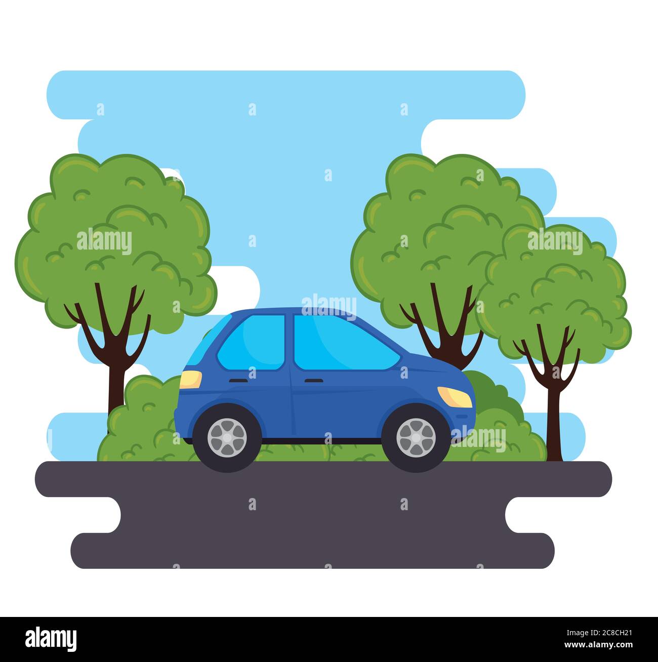 blue sedan car vehicle in the road, with tree plants nature Stock ...