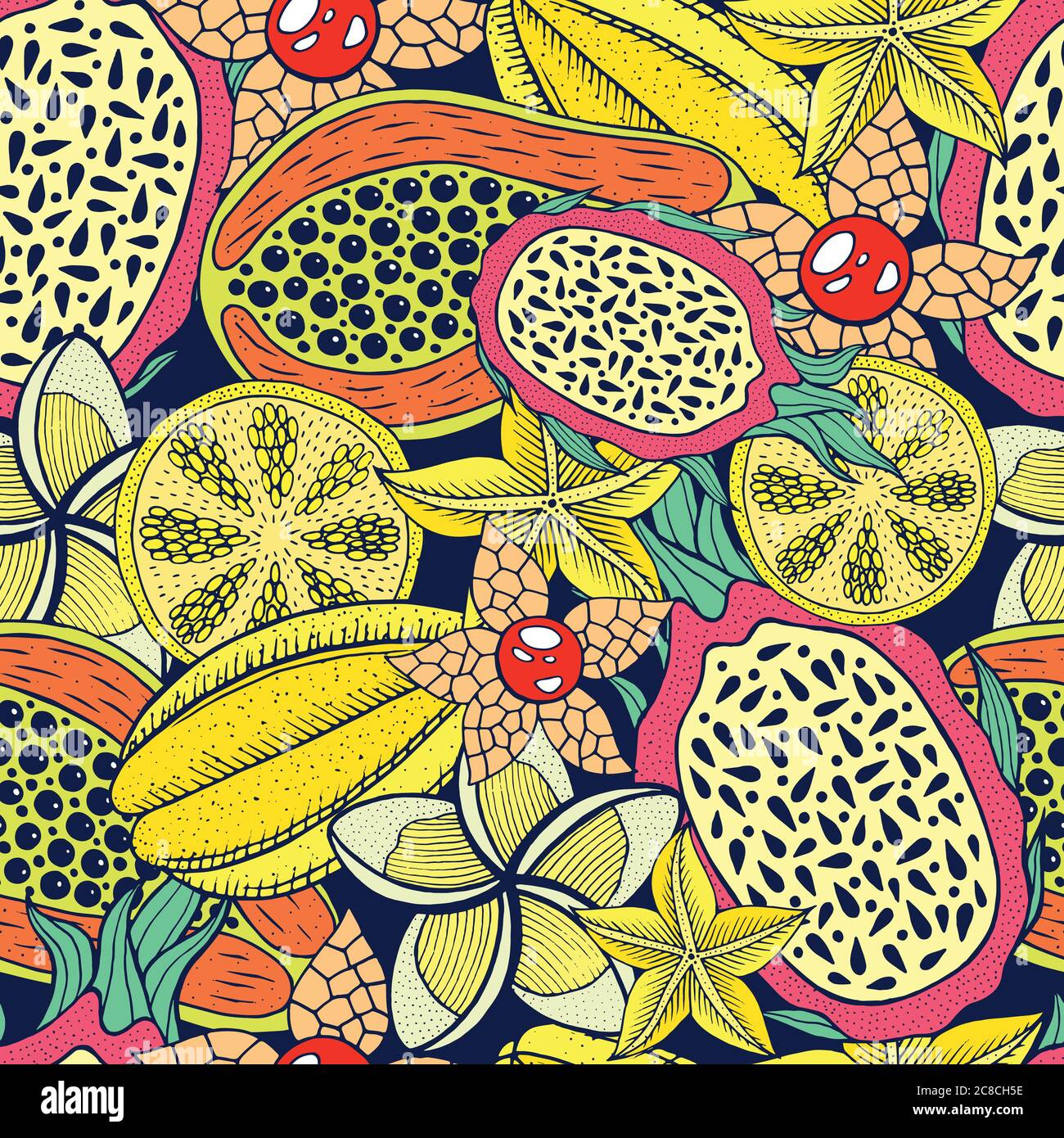 Tropical exotic fruits - seamless pattern. Doodle graphic art ba Stock ...