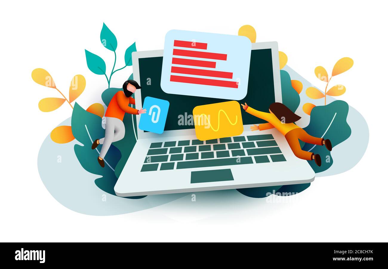 People flying around big laptop. Computer service or development ...