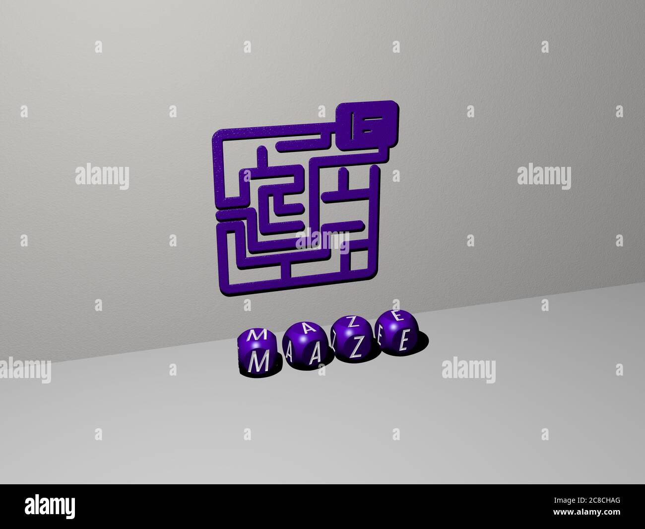 3D illustration of maze graphics and text made by metallic dice letters ...
