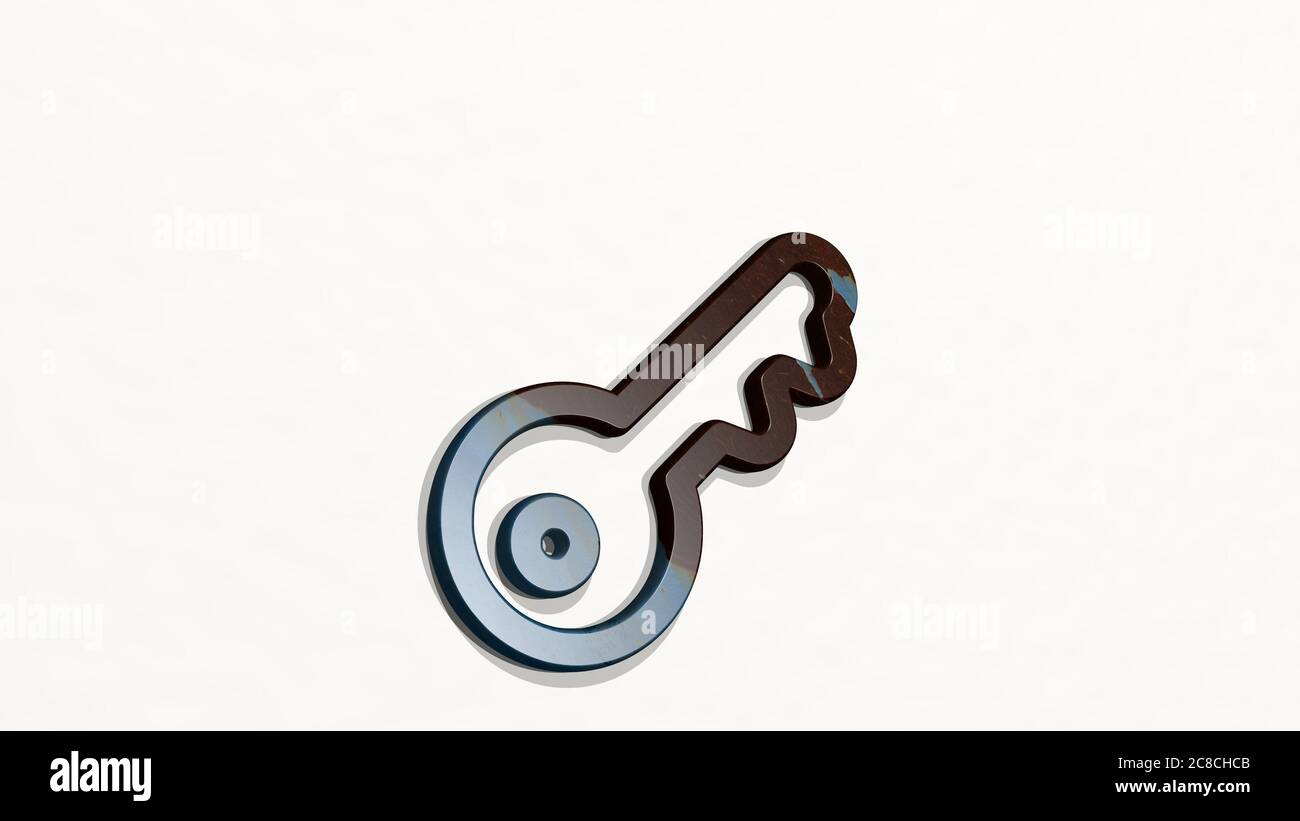 LOGIN KEY on the wall. 3D illustration of metallic sculpture over a ...