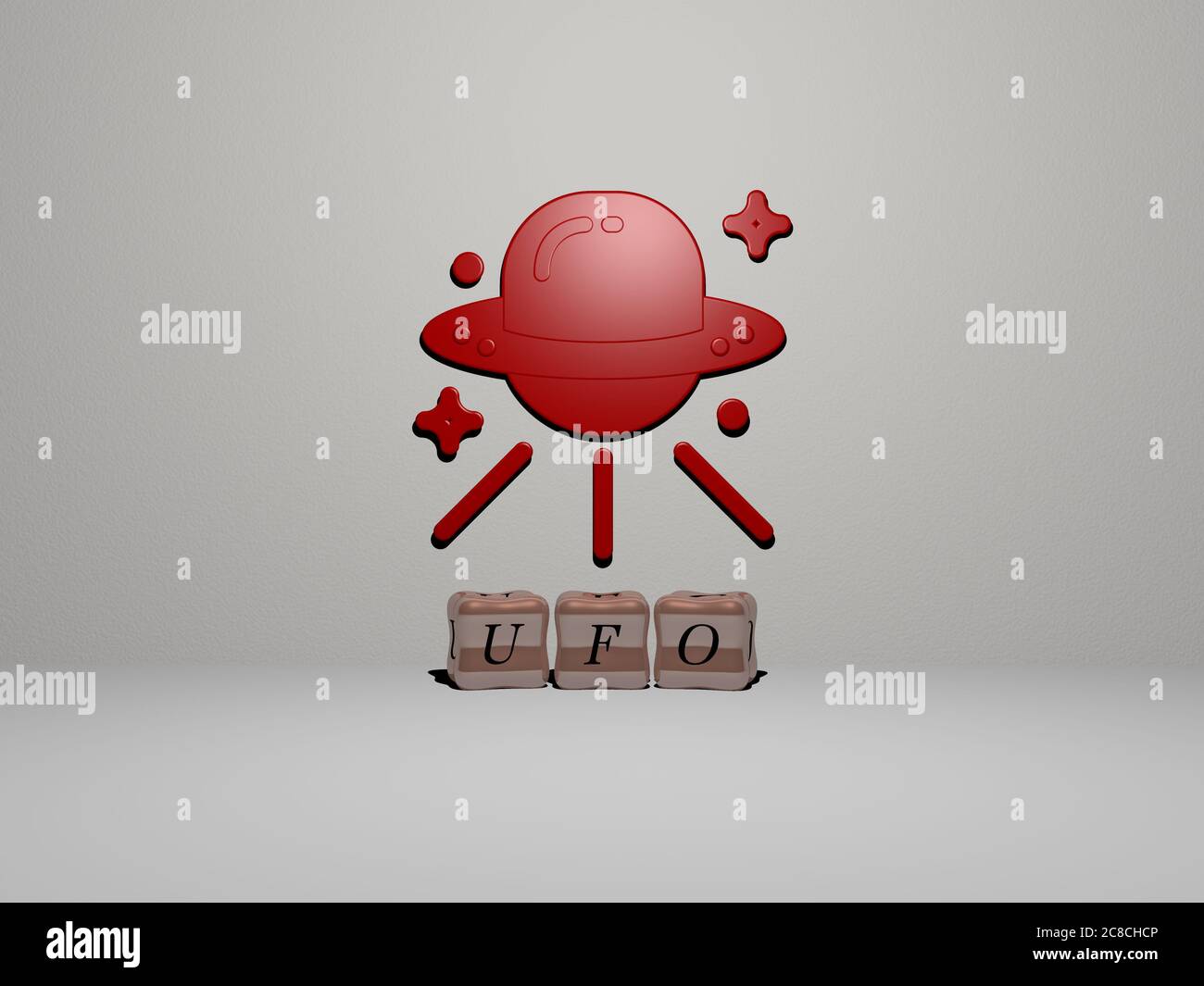3D illustration of UFO graphics and text made by metallic dice letters ...