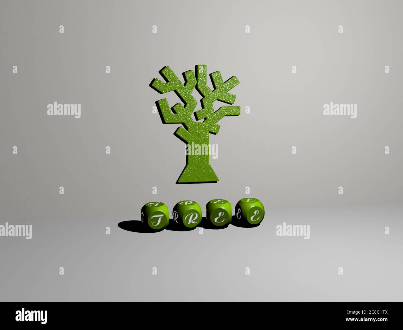 3D representation of tree with icon on the wall and text arranged by ...