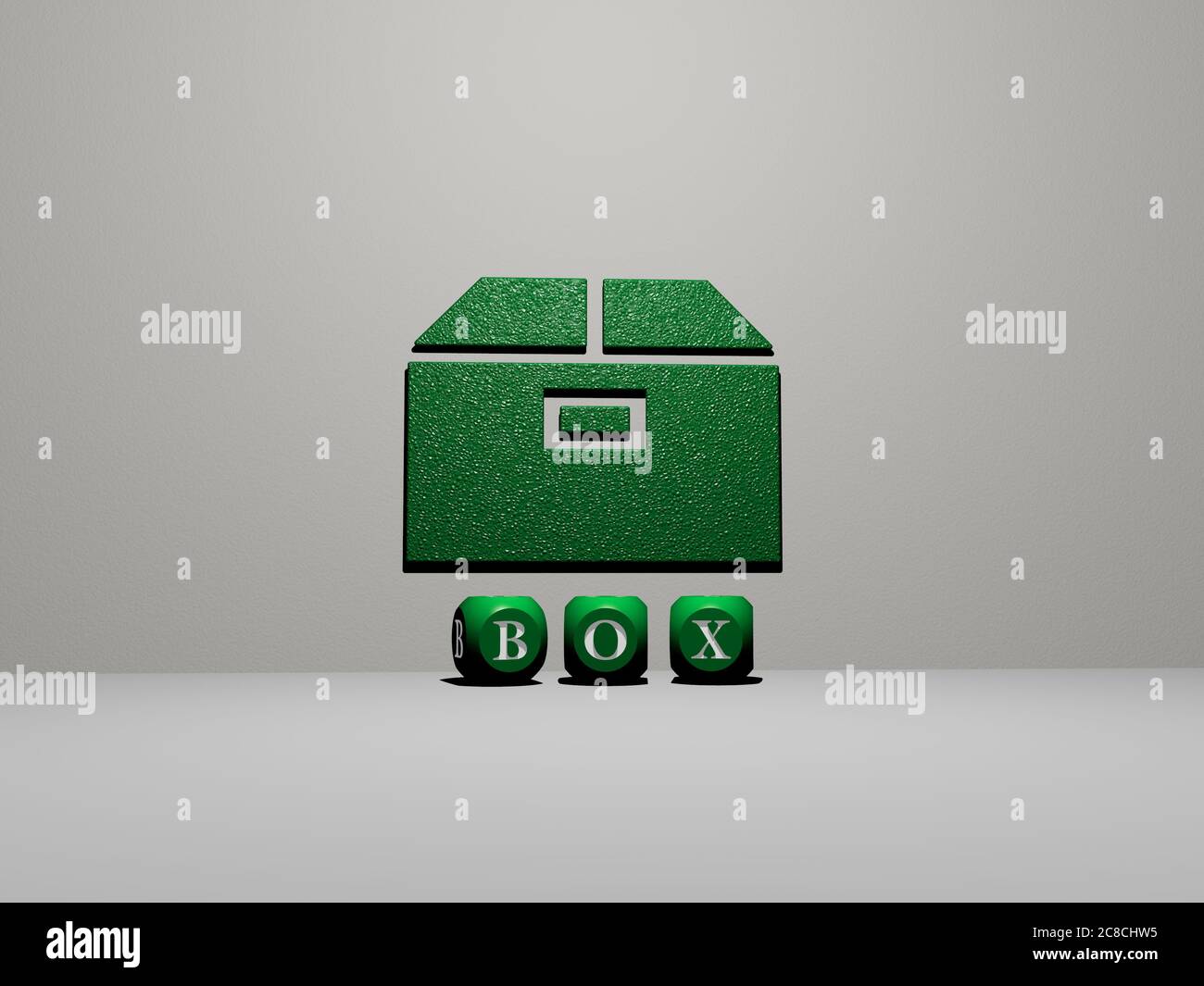 3D graphical image of BOX vertically along with text built by metallic ...