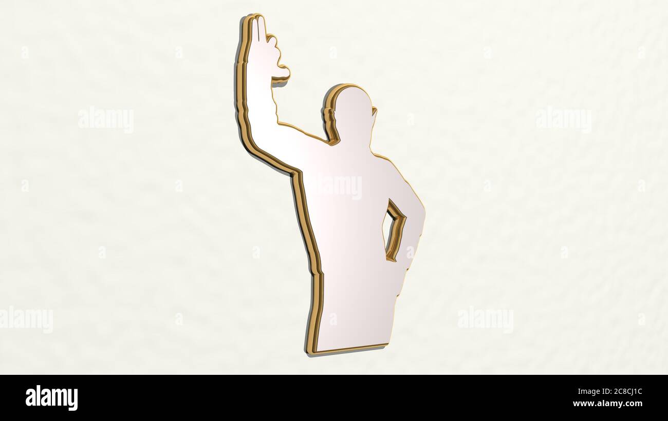 MONSTER on the wall. 3D illustration of metallic sculpture over a white ...