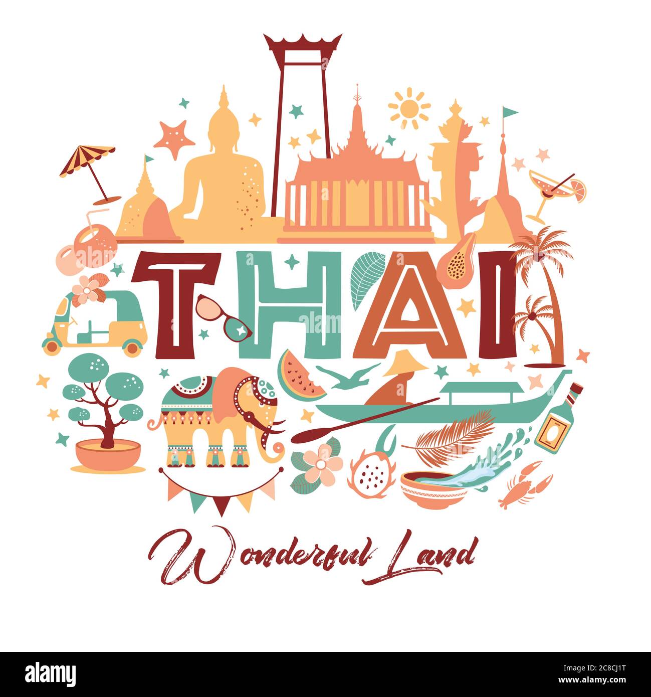 Collection of Thailand symbols with text. Vector poster. Postcard in ...