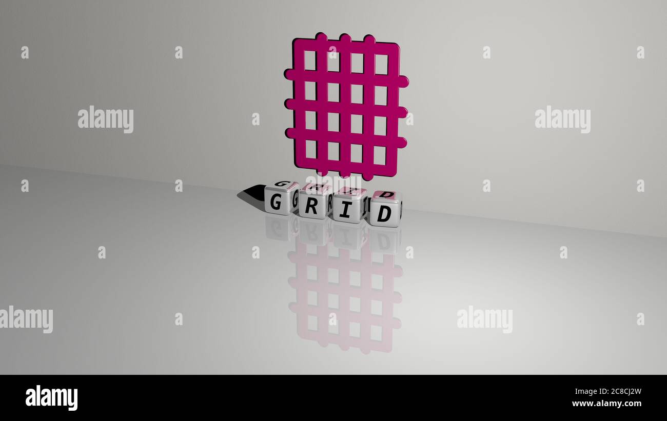 3D illustration of grid graphics and text made by metallic dice letters ...