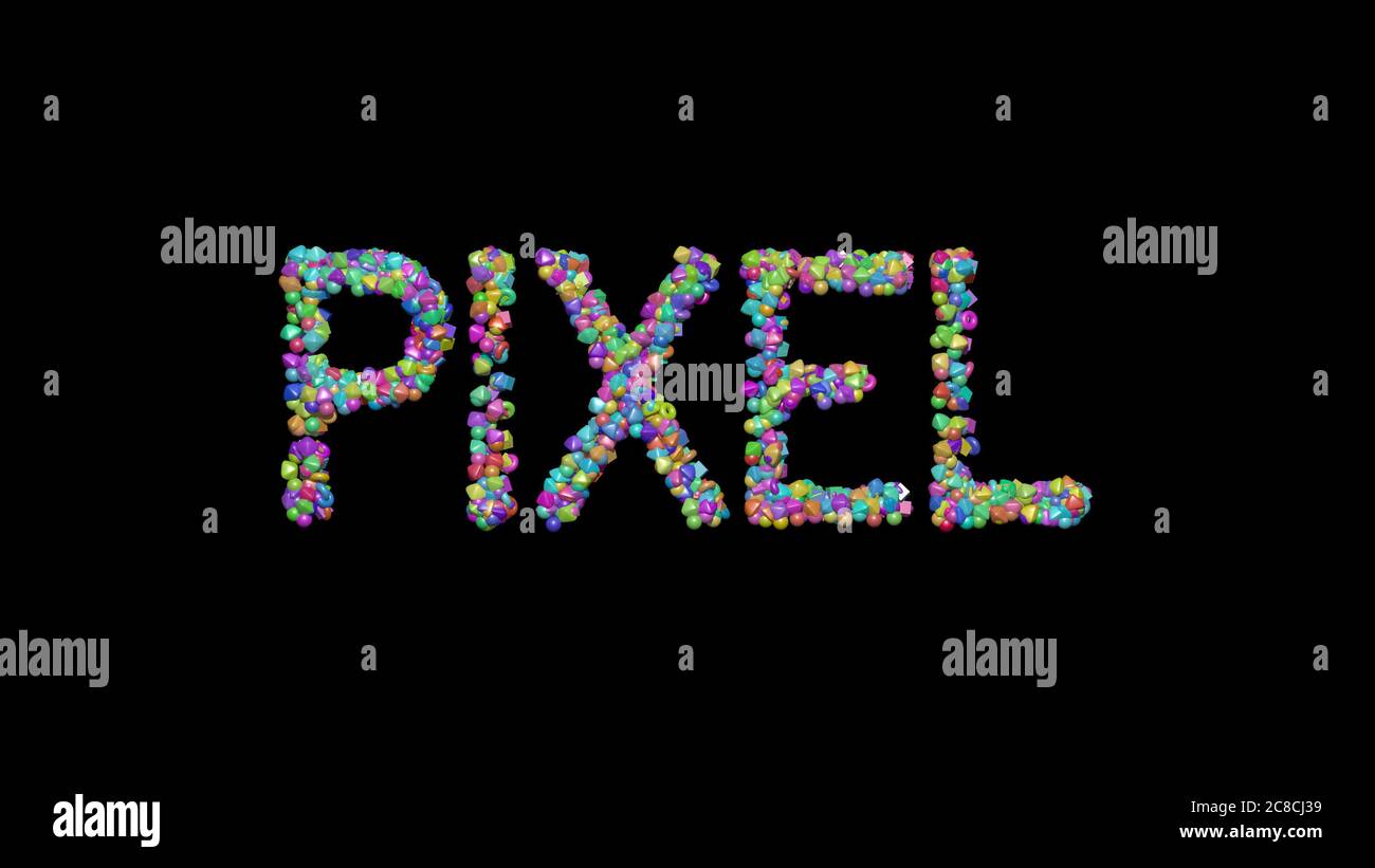 PIXEL: 3D illustration of the text made of small objects over a black ...
