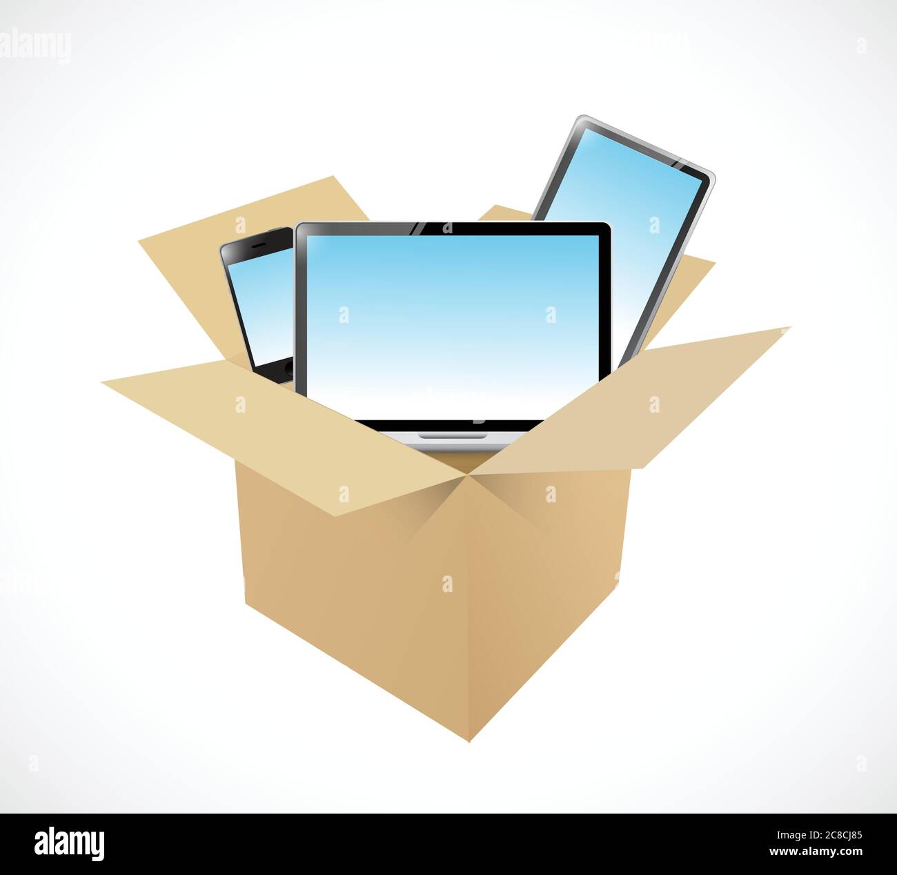 Set of electronics inside a box. illustration design over a white ...