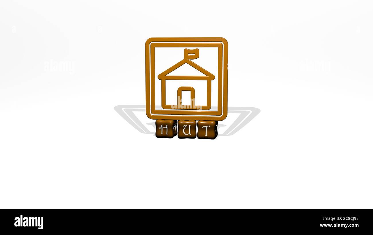 3D illustration of hut graphics and text made by metallic dice letters ...