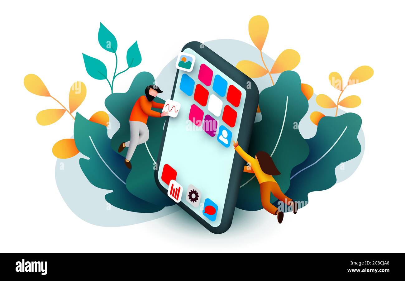 Modern banner template with tiny people and giant smartphone. mobile app design. User interface ...