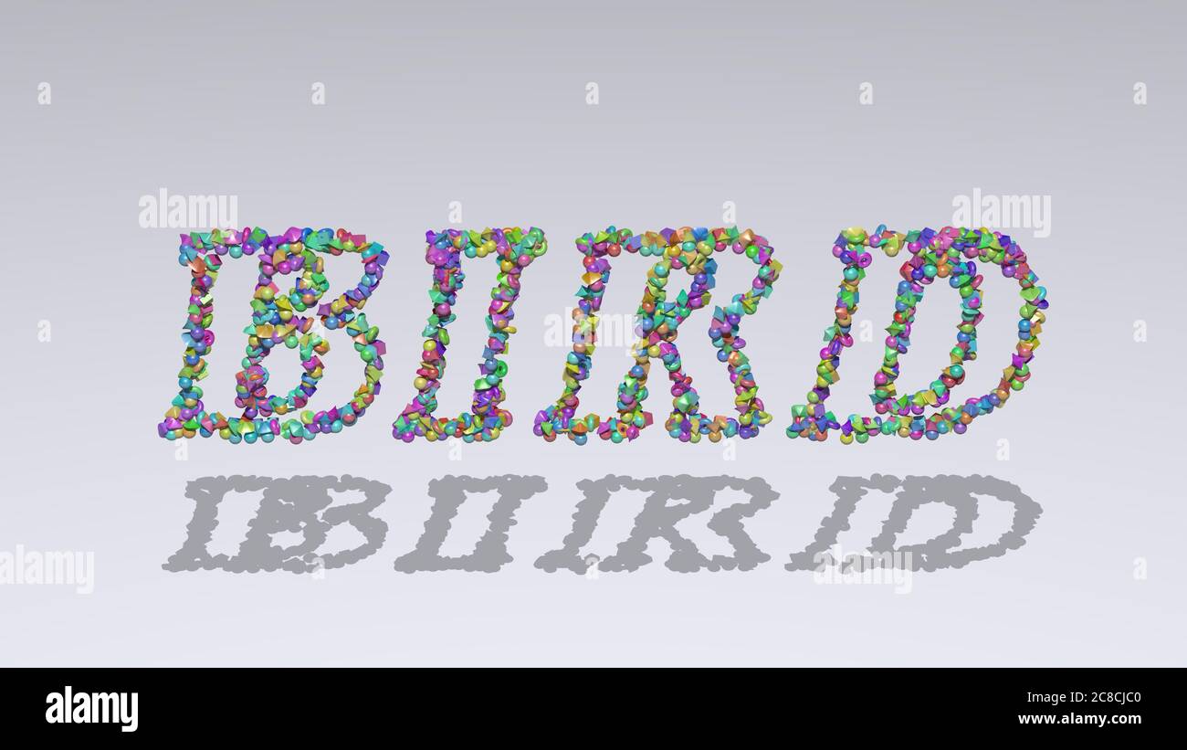Colorful 3D writting of BIRD text with small objects over a white ...
