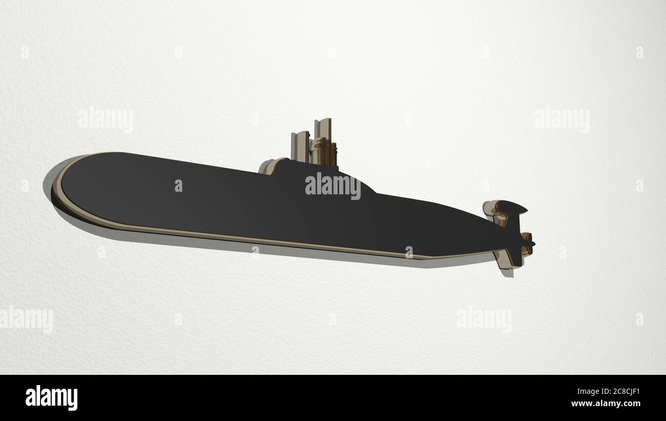 submarine on the wall. 3D illustration of metallic sculpture over a ...