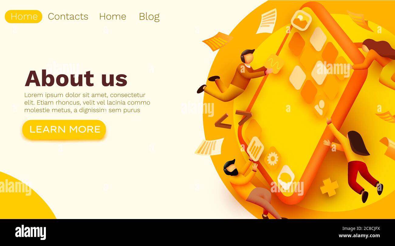 Modern banner template with tiny people and giant smartphone. mobile app design. User interface ...