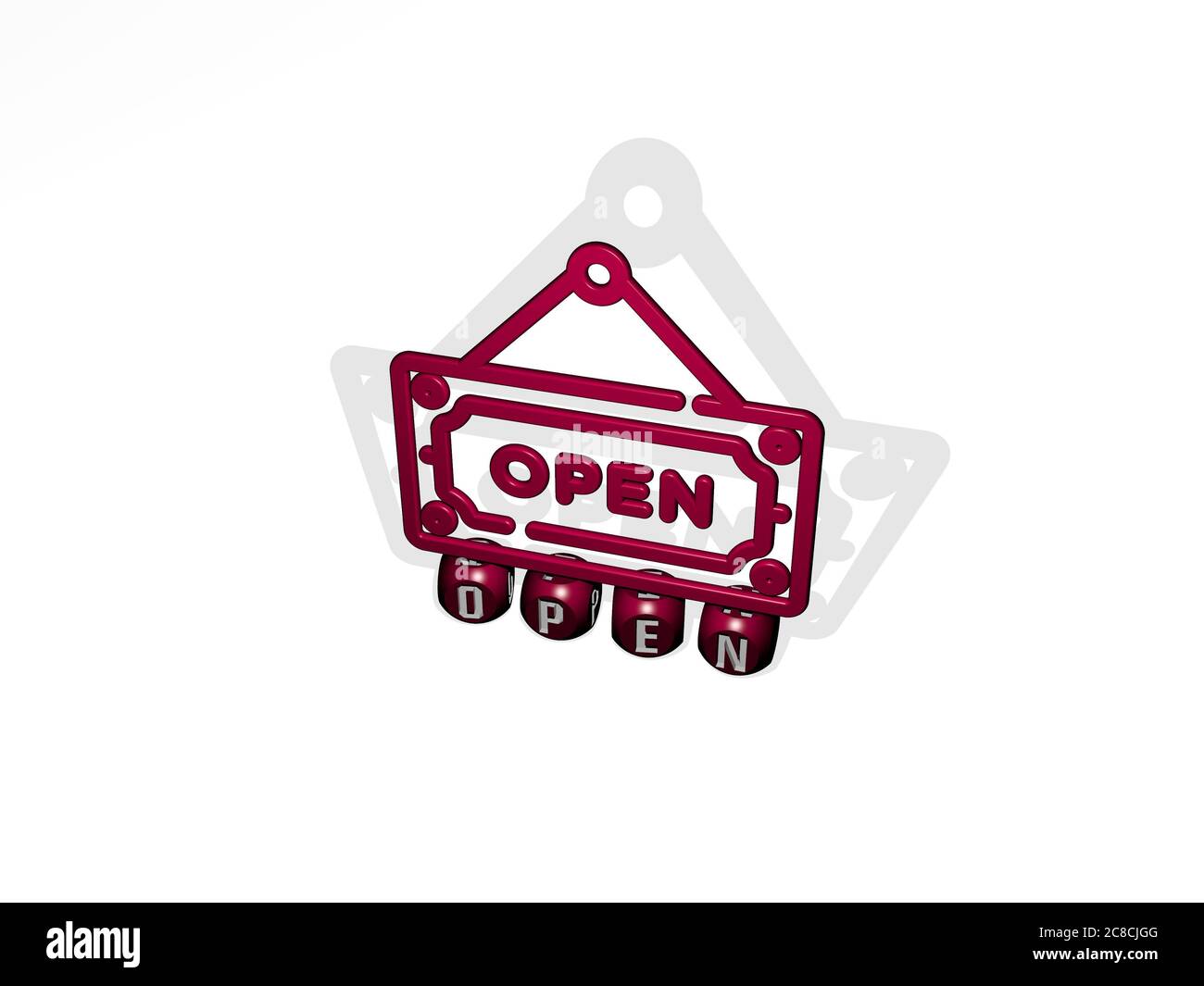 3D representation of open with icon on the wall and text arranged by ...