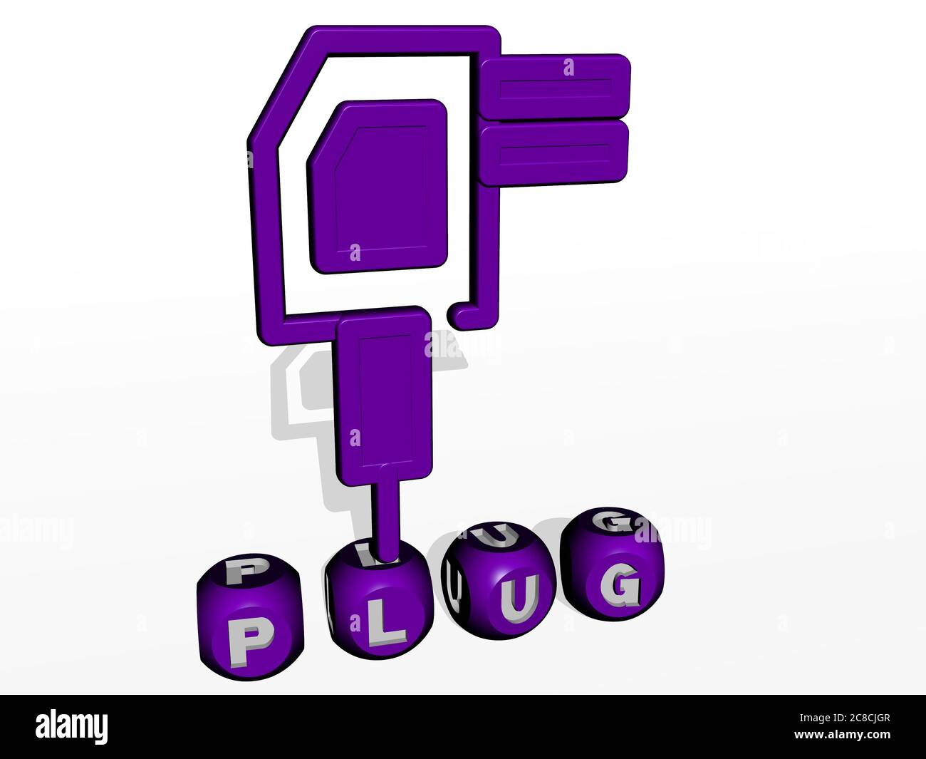 3D illustration of plug graphics and text made by metallic dice letters ...