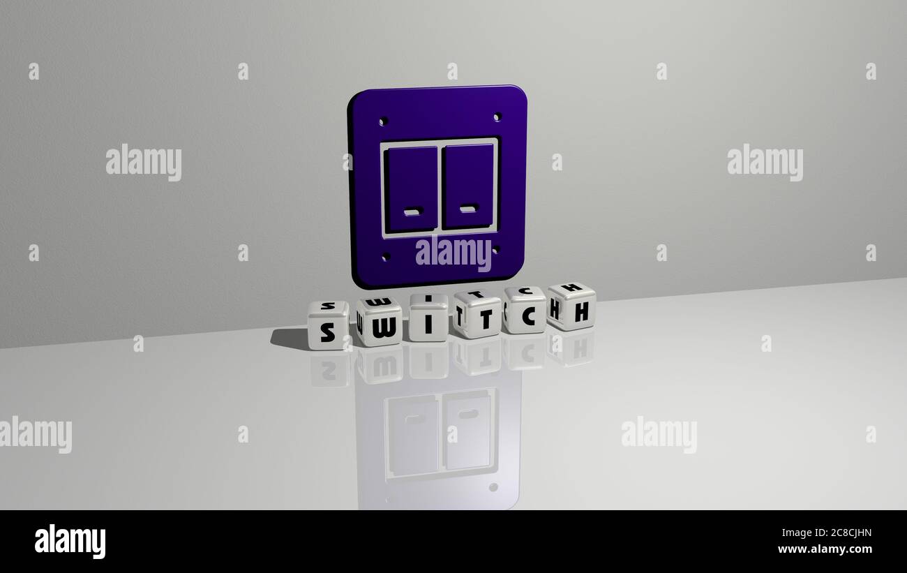 3D representation of switch with icon on the wall and text arranged by ...