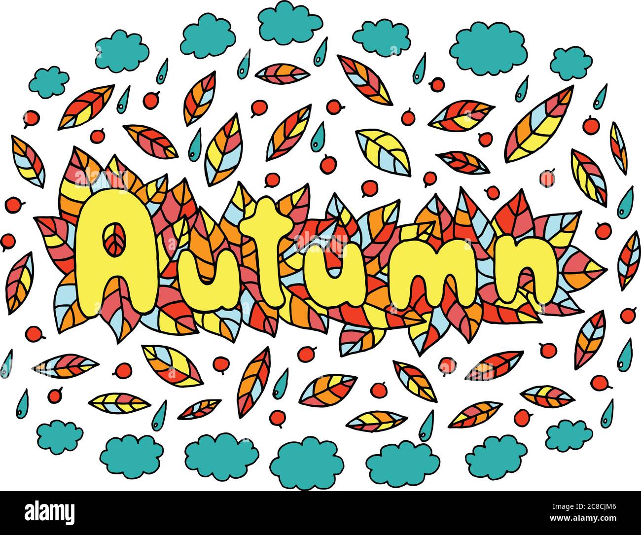 Mandala and Autumn word. Doodle lettering colorful artwork. Vect Stock ...