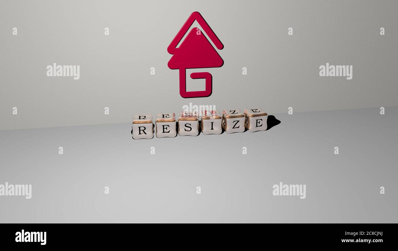 3D illustration of RESIZE graphics and text made by metallic dice ...