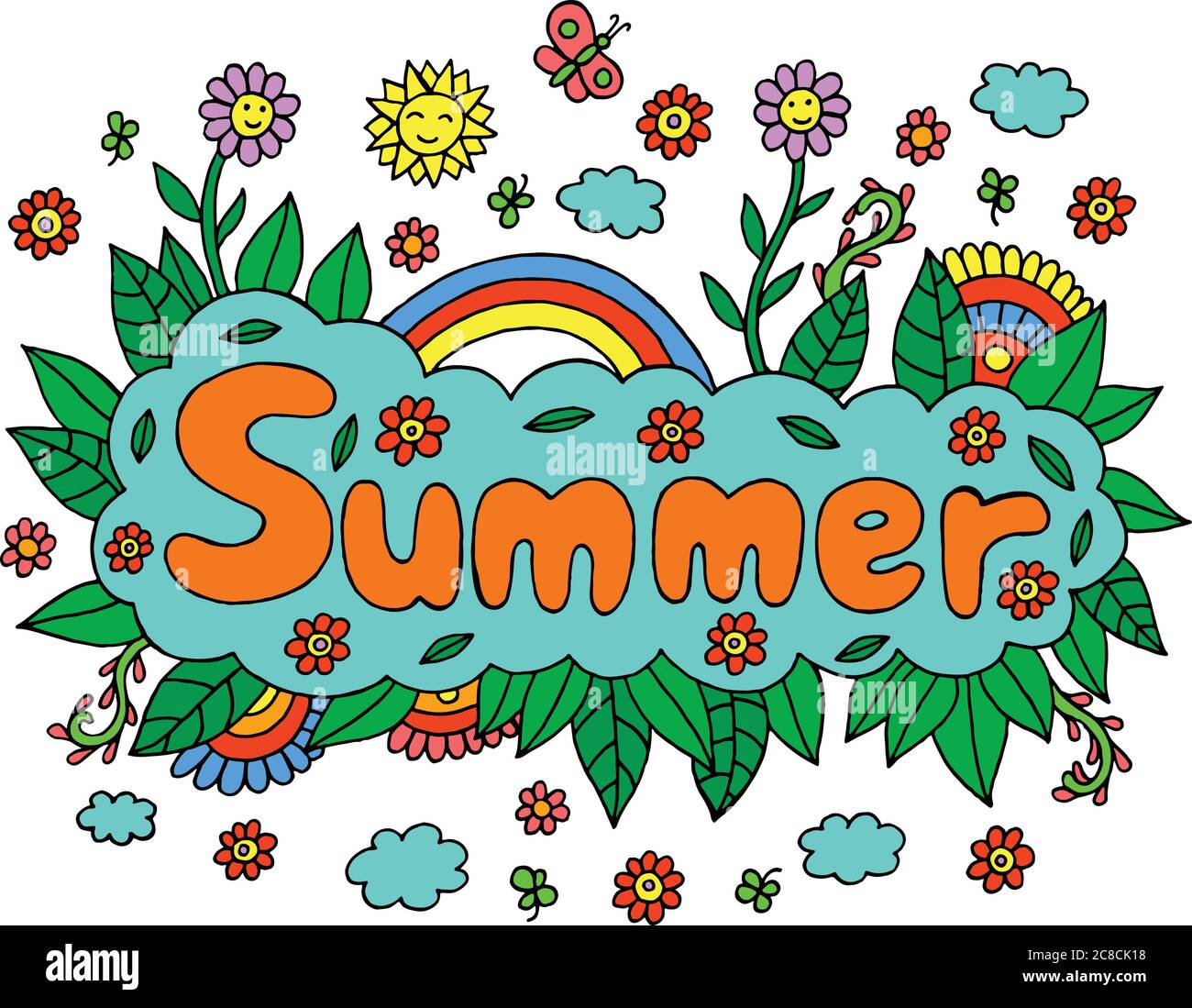 Mandala and Summer word. Doodle lettering colorful artwork. Vect Stock ...