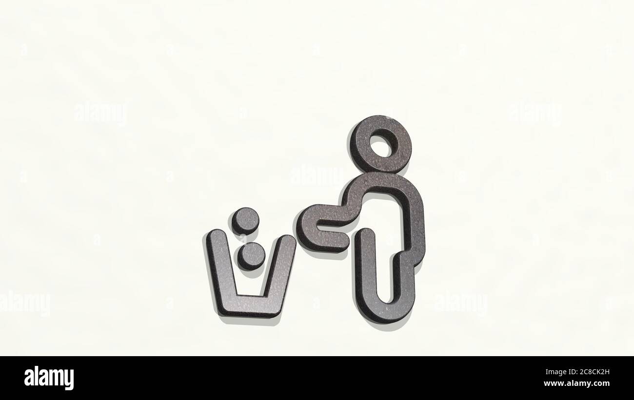 GARBAGE THROW on the wall. 3D illustration of metallic sculpture over a ...