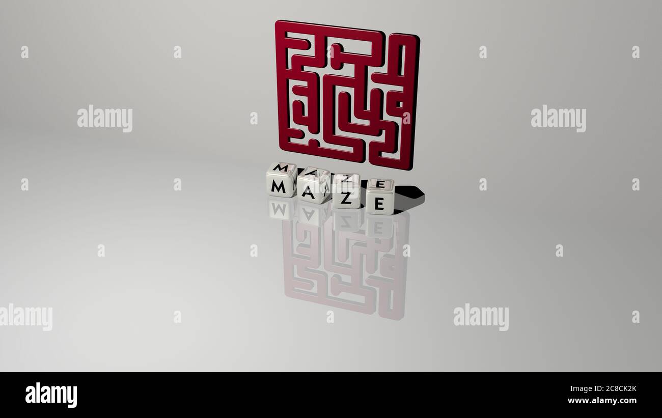 3D illustration of MAZE graphics and text made by metallic dice letters ...