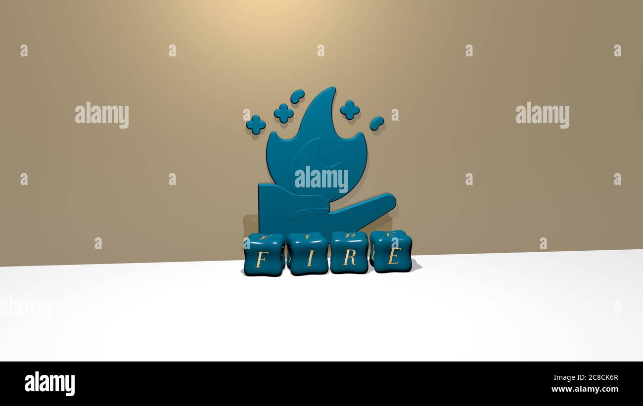 3D representation of fire with icon on the wall and text arranged by ...