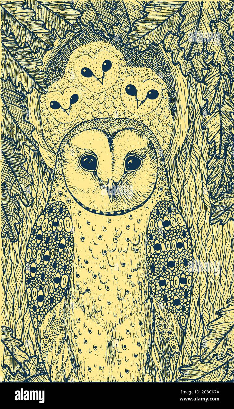 Hand drawn art with owls on the oak tree. Realistic ink graphic Stock ...