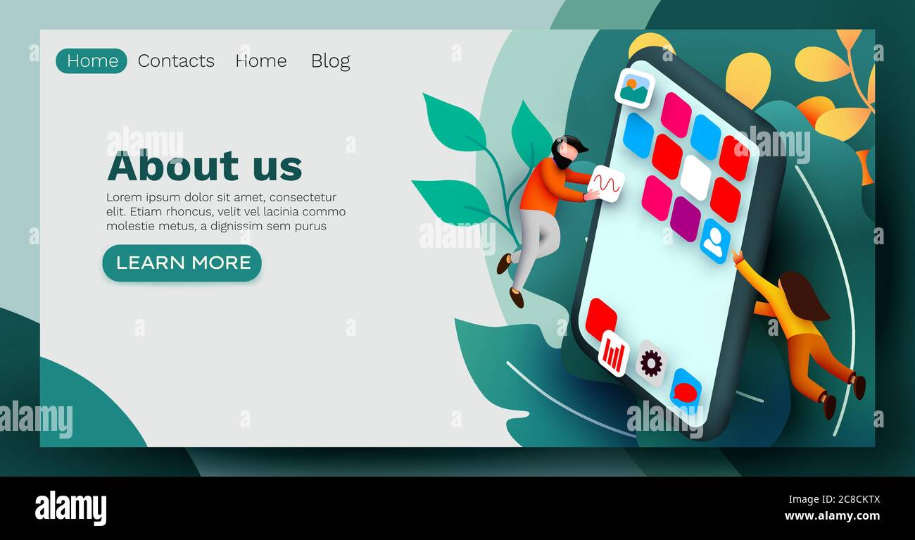 Landing page. Modern banner template with tiny people and giant smartphone. mobile app design ...