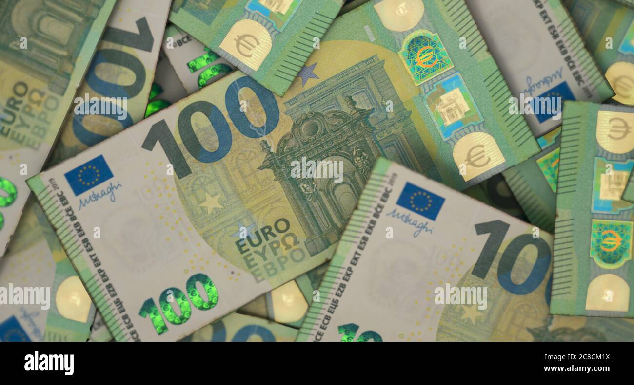 A close-up view of a scattered pile of European Euro banknotes - 3D ...