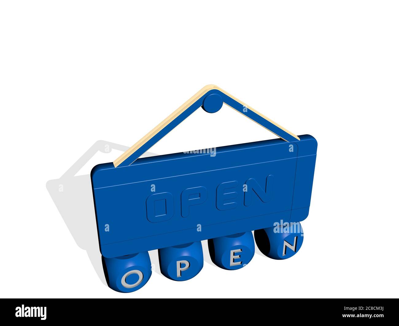 3D representation of open with icon on the wall and text arranged by ...