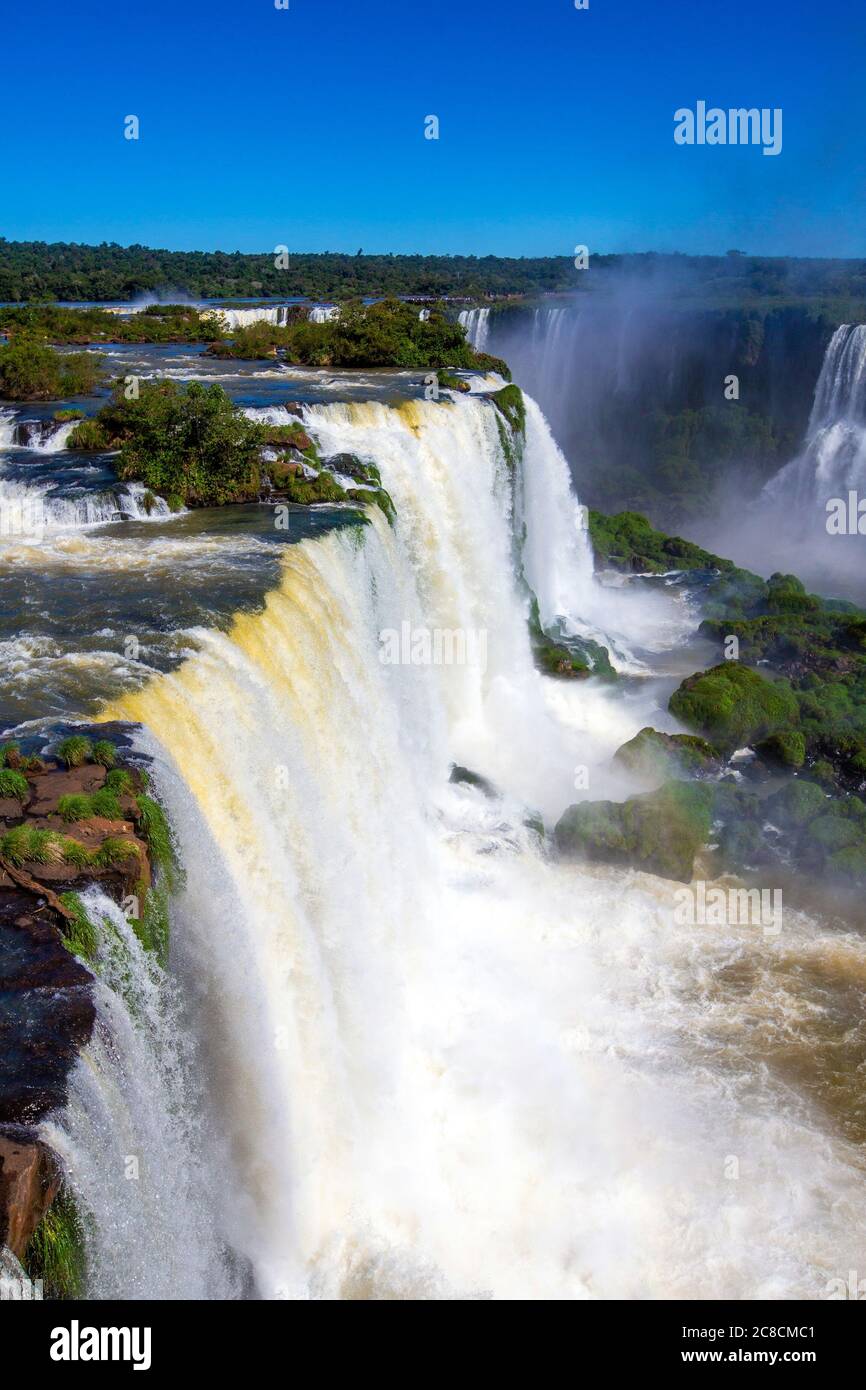 Iguazu Falls in Brazil surrounded by trees under the blue sky Stock ...