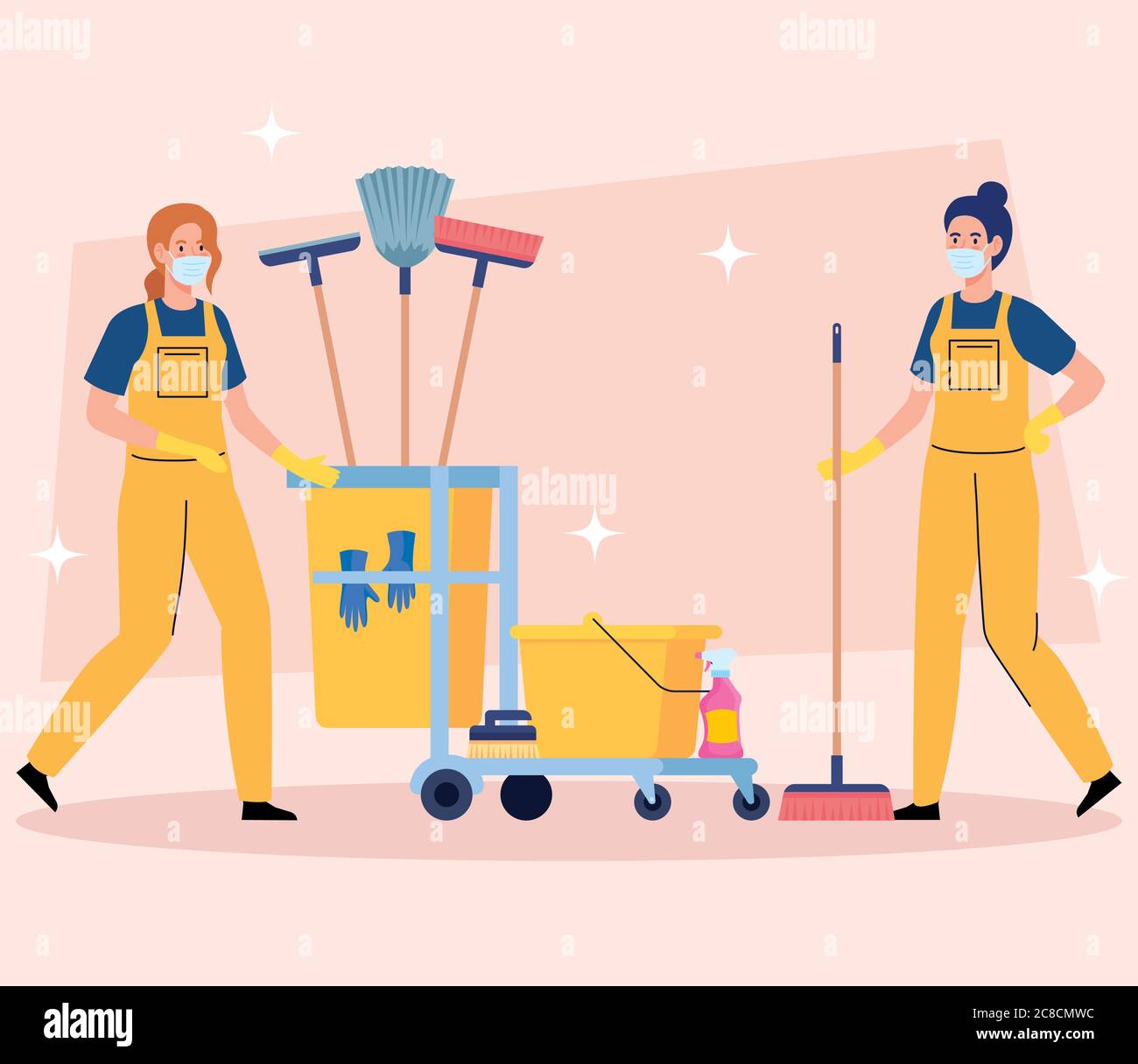 janitors team cleaning service, women cleaners in uniform working with ...