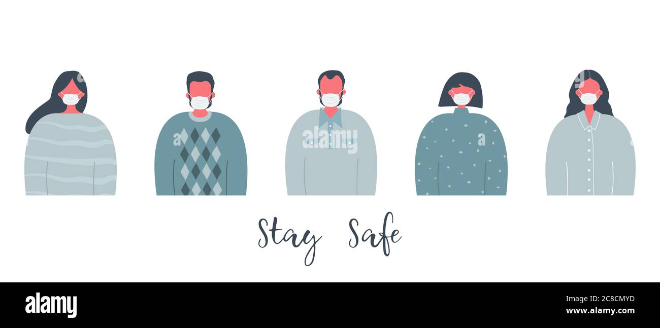 People in medical masks. Stay safe concept. Men and women keep a ...